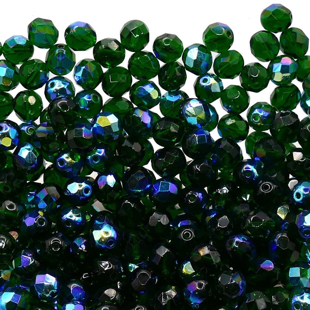 8mm Czech Faceted Round Glass Bead - Emerald AB - 20pcs - Beads And ...